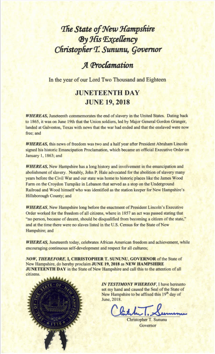 Juneteenth historically proclaimed in New Hampshire